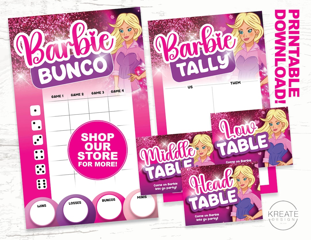 Barbie Bunco Set, Bunco Score Cards, Tally Sheets, Table Cards and ...