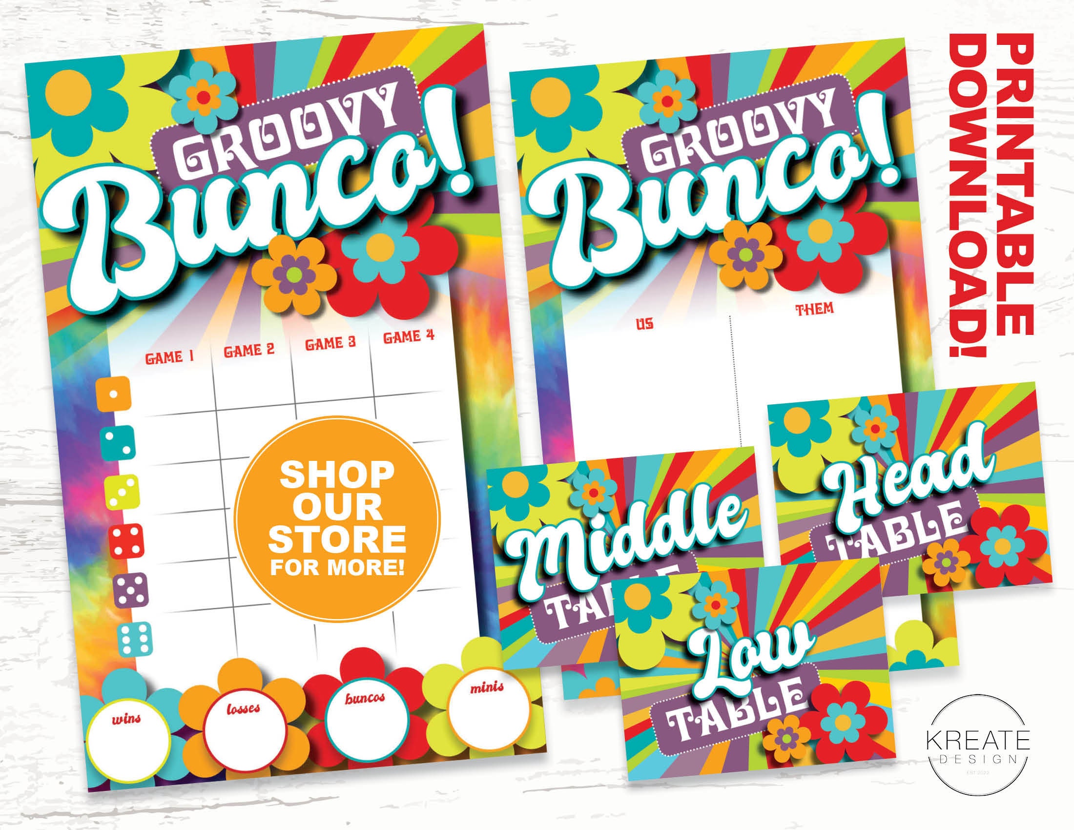 Groovy Tie Dye 1970s Hippie Flower Bunco Set, Bunco Score Cards, Tally ...