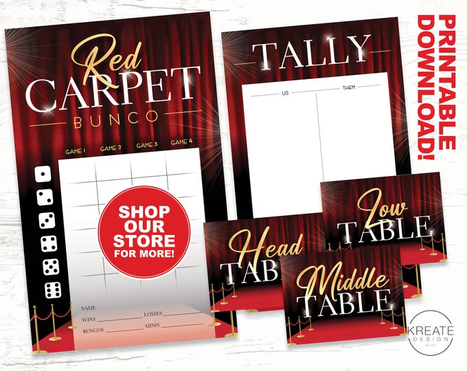 Red Carpet Bunco Set, Bunco Score Cards, Tally Sheets, Table Cards and ...