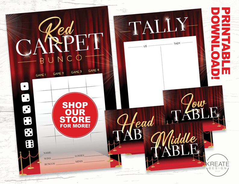 Red Carpet Bunco Set, Bunco Score Cards, Tally Sheets, Table Cards and ...