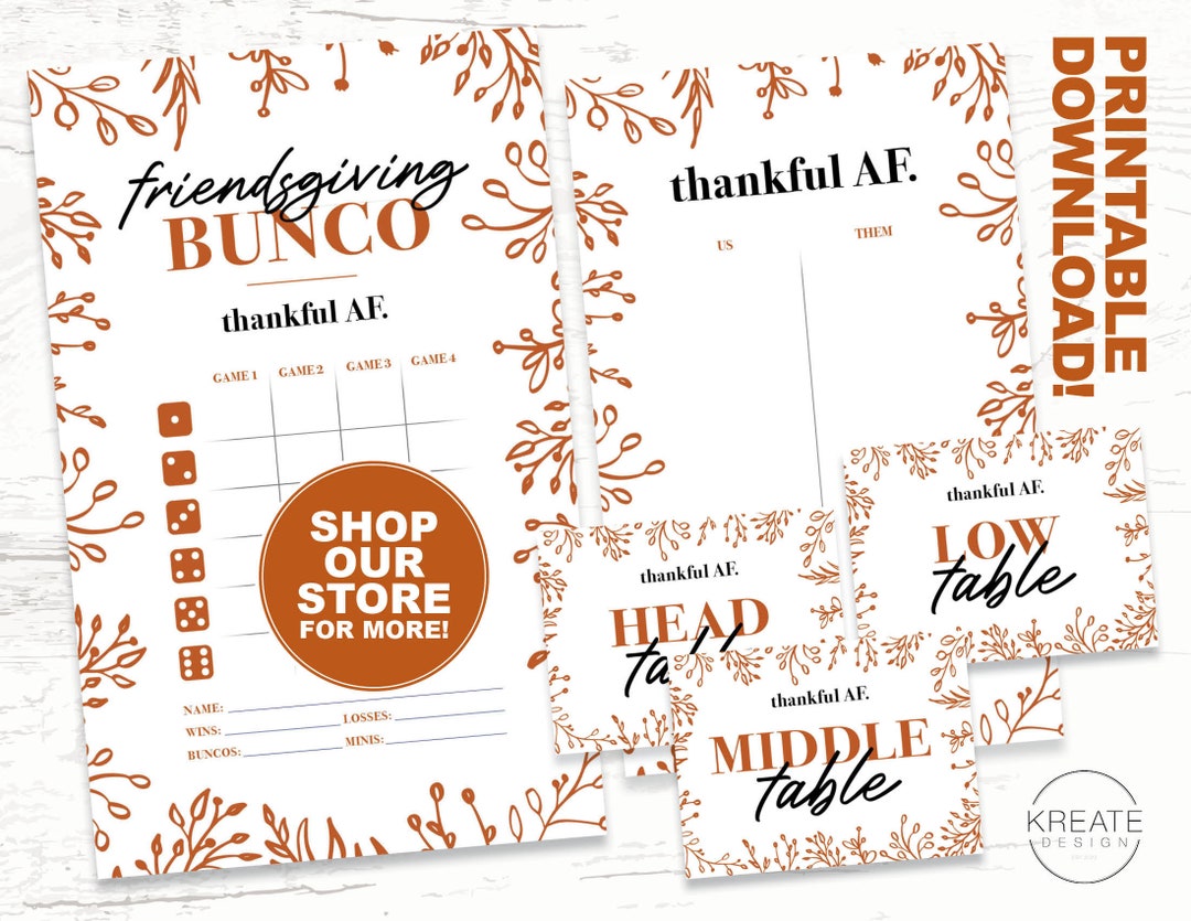 Friendsgiving Thankful AF Thanksgiving Bunco Set, Bunco Score Cards ...