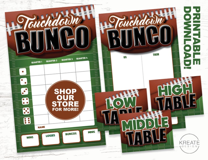 Touchdown Football Bunco Set, Bunco Score Cards, Tally Sheets, Table ...