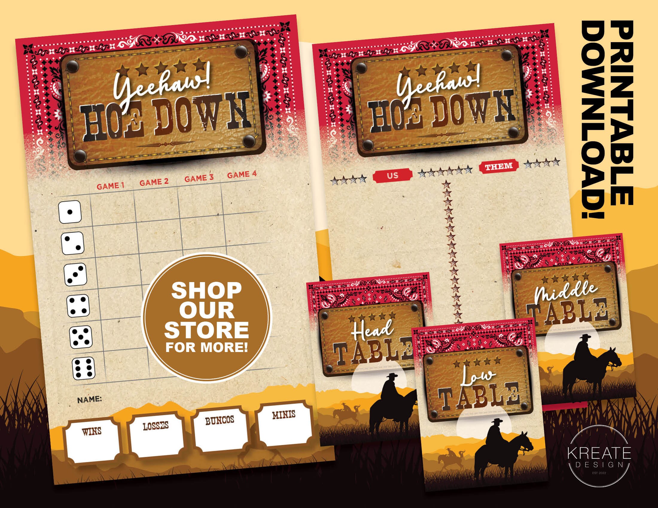Hoe Down Western Bunco Set, Bunco Score Cards, Tally Sheets, Table ...