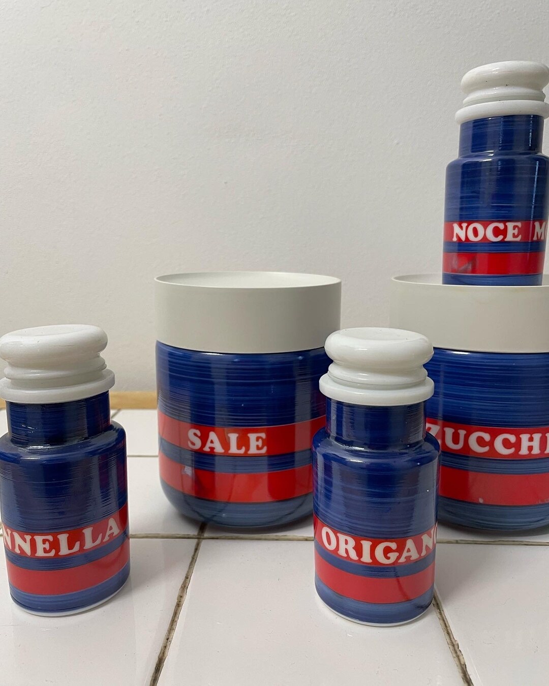 Set of 70's Opaline Glass Jars White With Red and Blue Band Elletipi ...