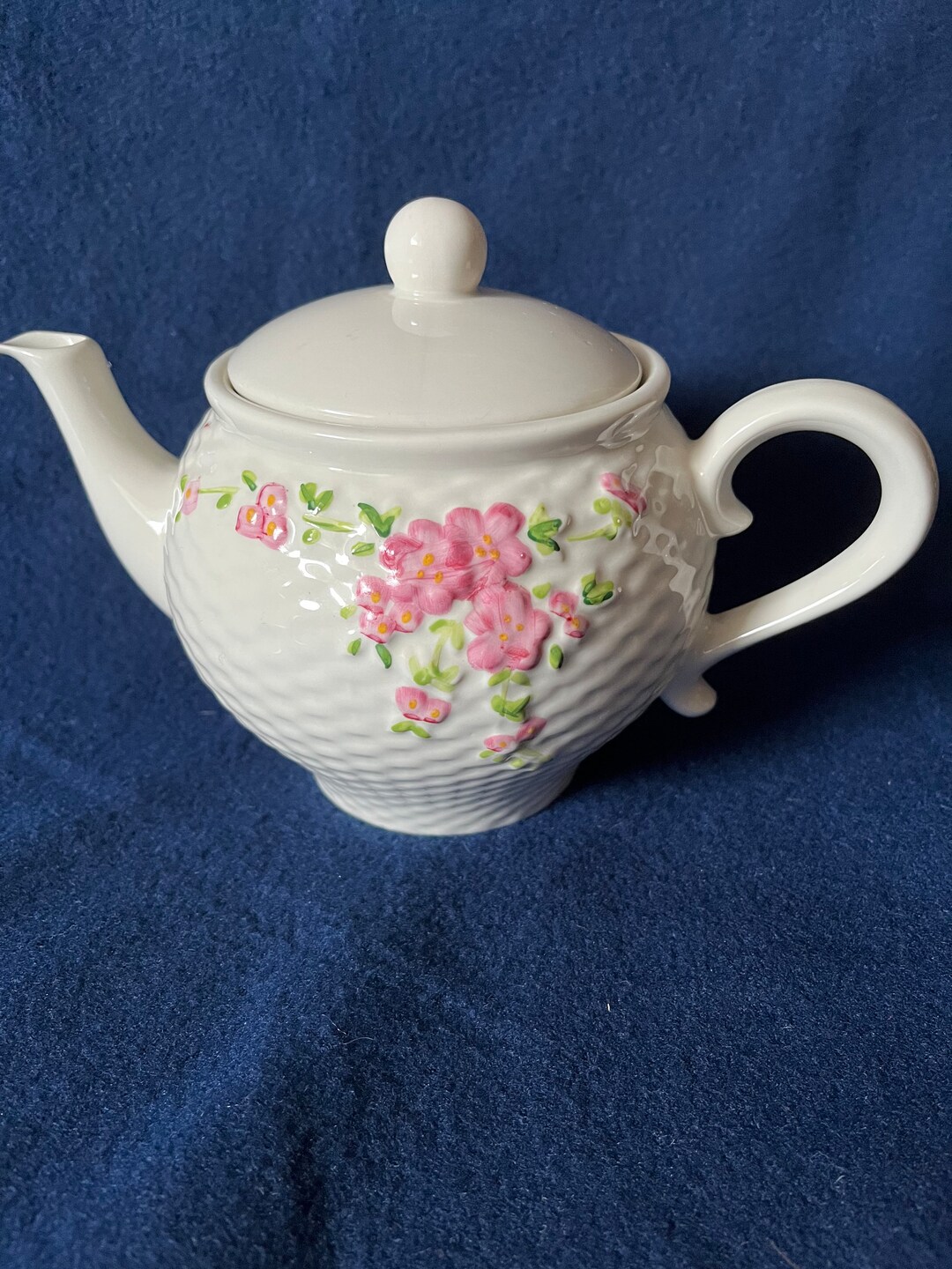 Vintage 1985 Teleflora Pink Floral Teapot With Lock Lid 6 Basket Weave ...