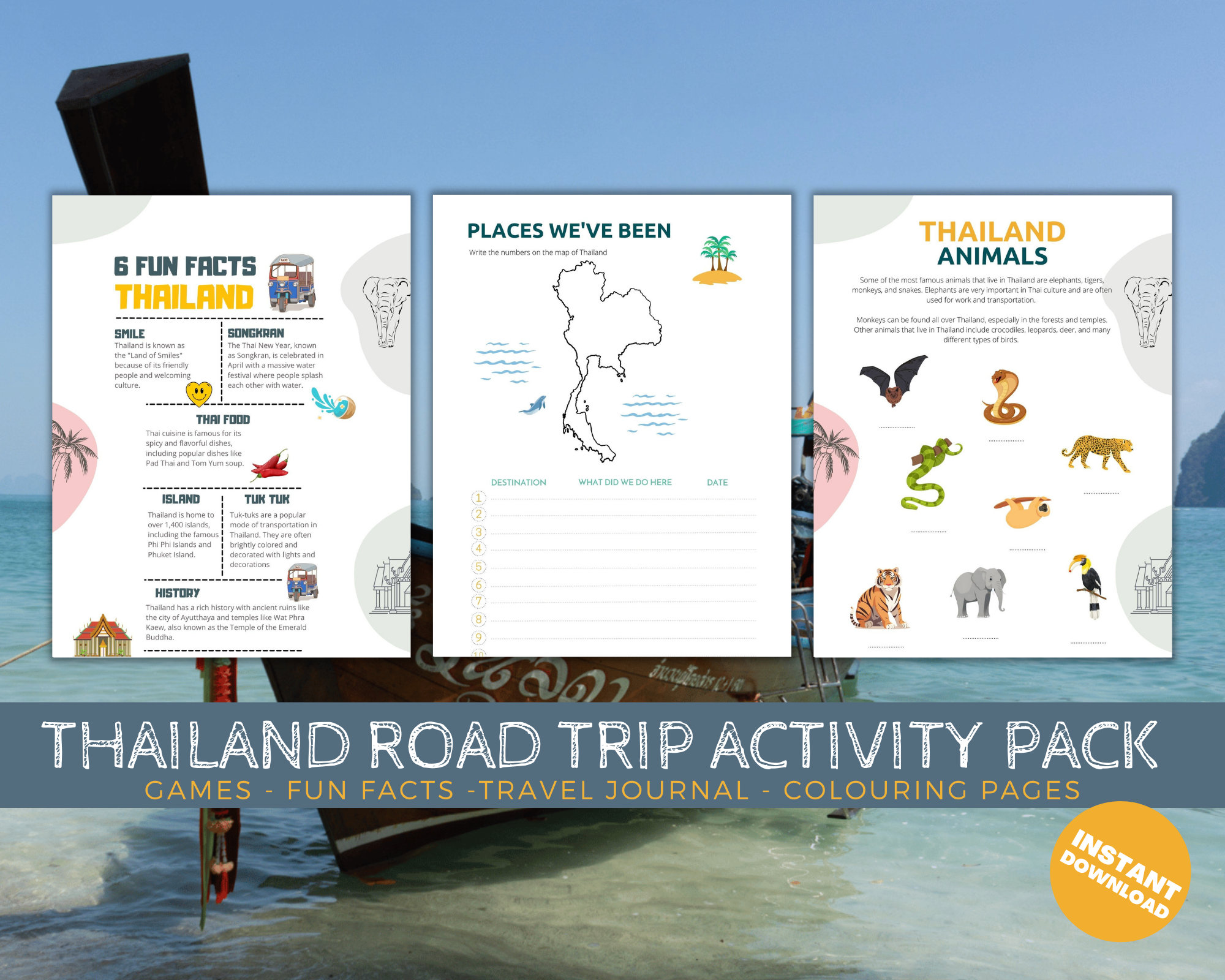Printable Thailand Road Trip Activity Pack for Kids, Travel Activities ...