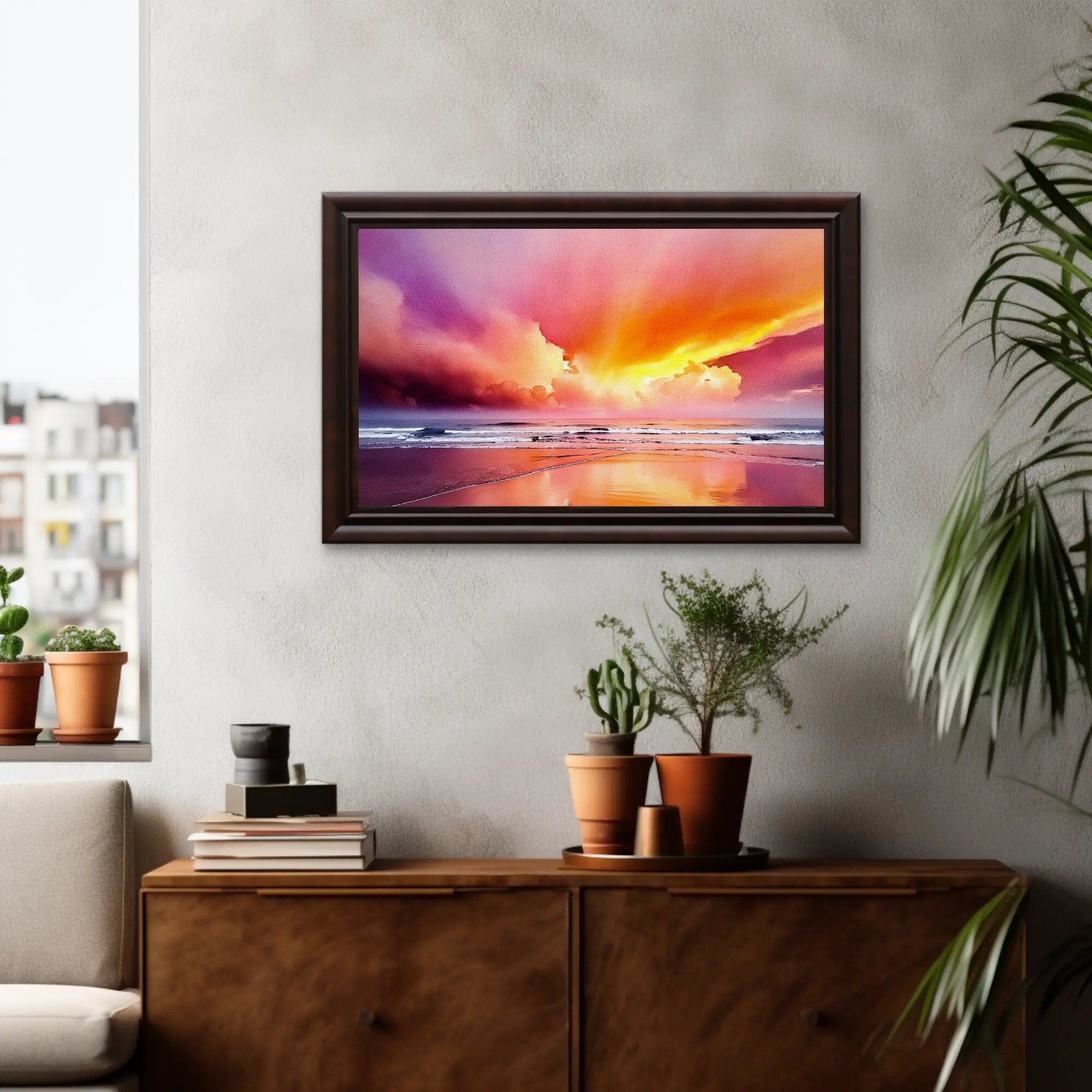 Pink and Orange Ocean Sunset Watercolor Art Print - Etsy