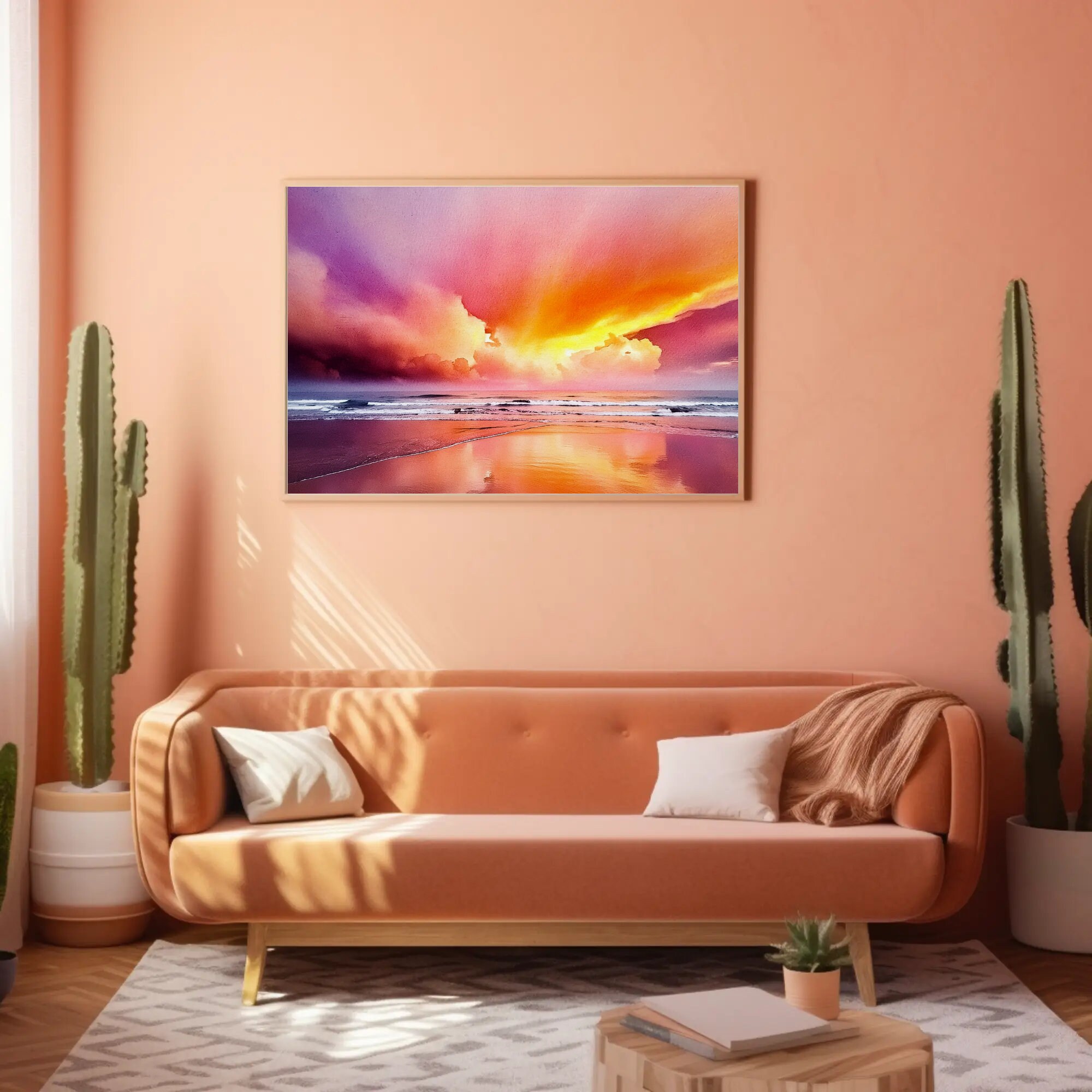 Pink and Orange Ocean Sunset Watercolor Art Print - Etsy