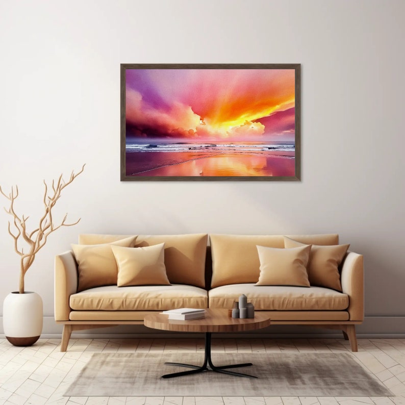 Pink and Orange Ocean Sunset Watercolor Art Print - Etsy