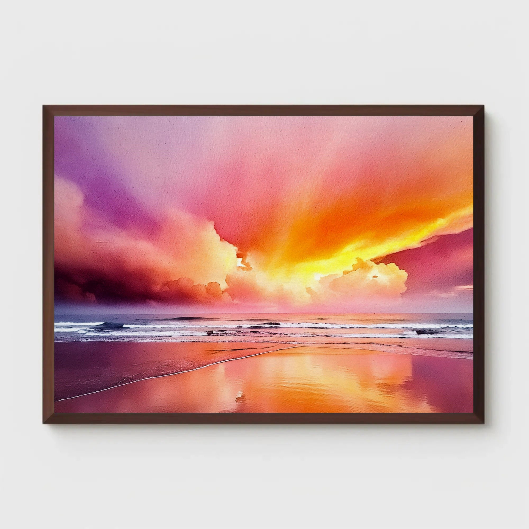 Pink and Orange Ocean Sunset Watercolor Art Print - Etsy