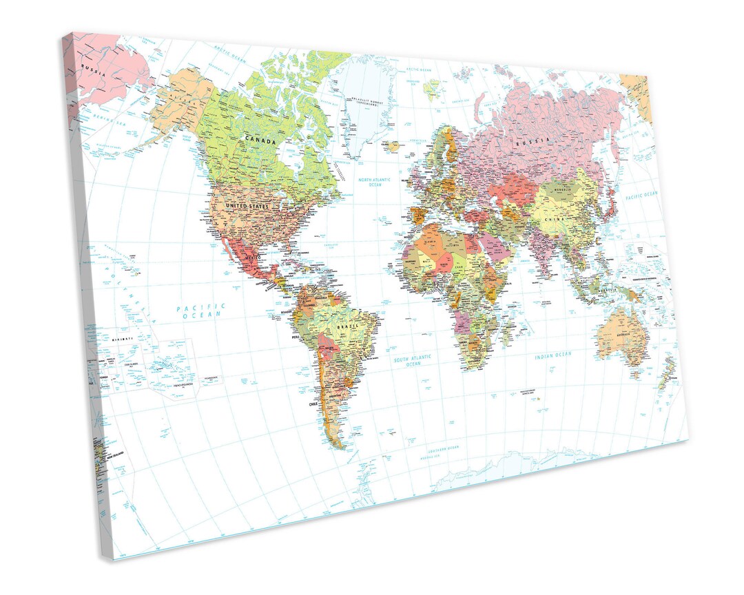 Detailed World Map CANVAS ART Box Framed Picture Print Home - Etsy