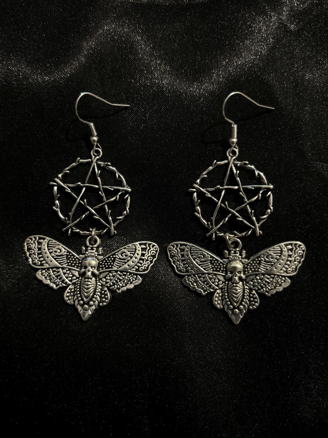 Pentagram Death Moth Earrings | Wicca Goth Jewelry - Etsy