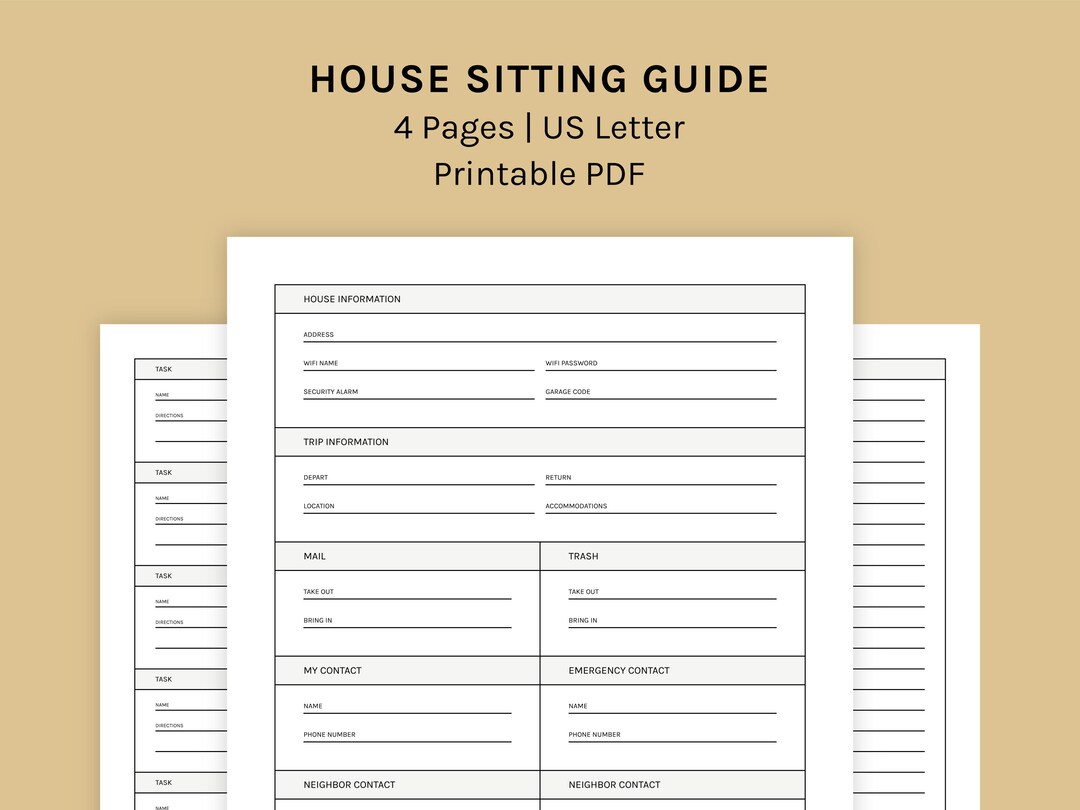 House Sitting Guide, Printable, Digital Download, Minimal, House-sitter ...