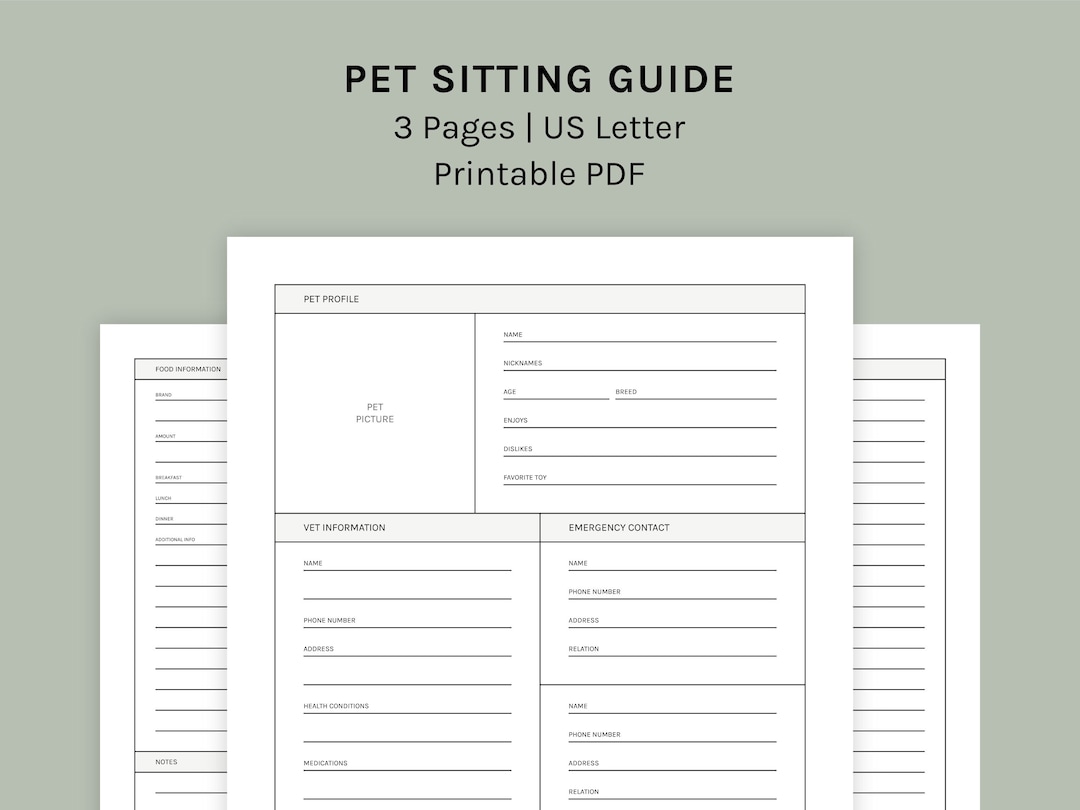 Pet Sitting Guide, Printable, Digital Download, Minimal, Pet-sitter, US ...