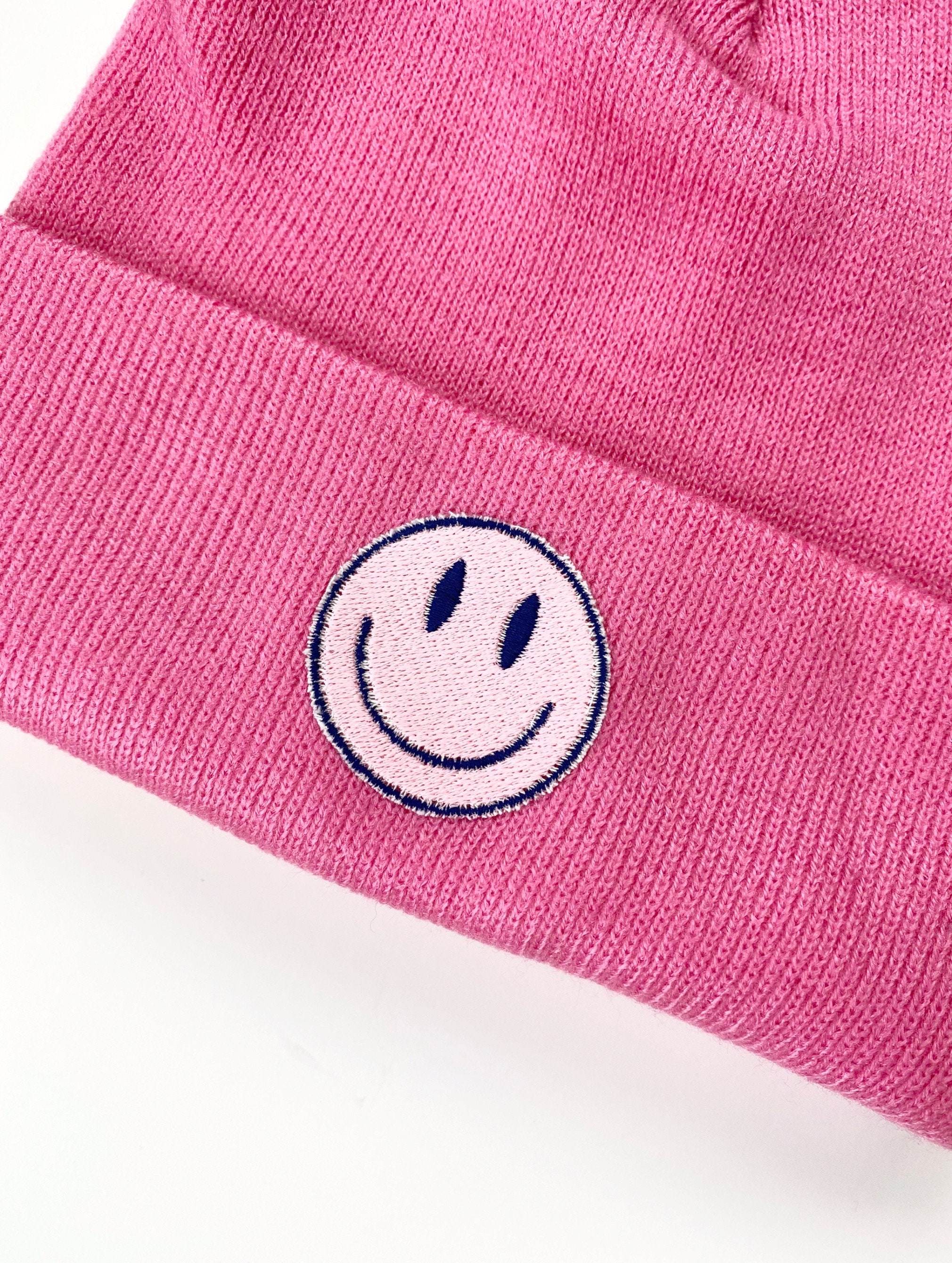 Pink Smiley Beanie, Smiley Face Patch Embroidered Knit Beanie Hat ...