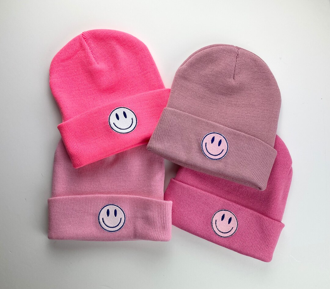 Pink Smiley Beanie, Smiley Face Patch Embroidered Knit Beanie Hat ...