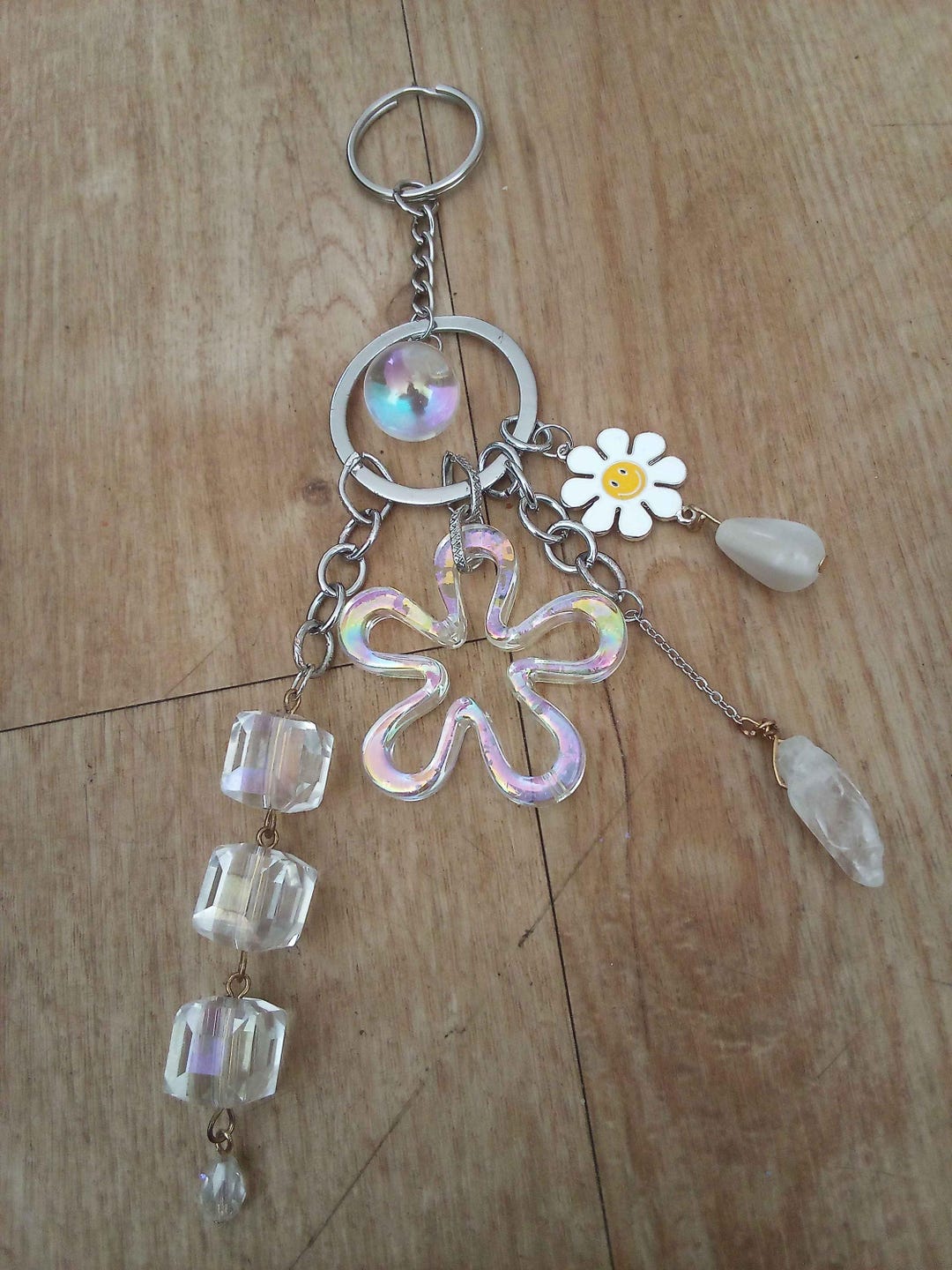 Y2K 2000s Opalescent Holographic Flower Quartz Crystal Keychain Kawaii ...