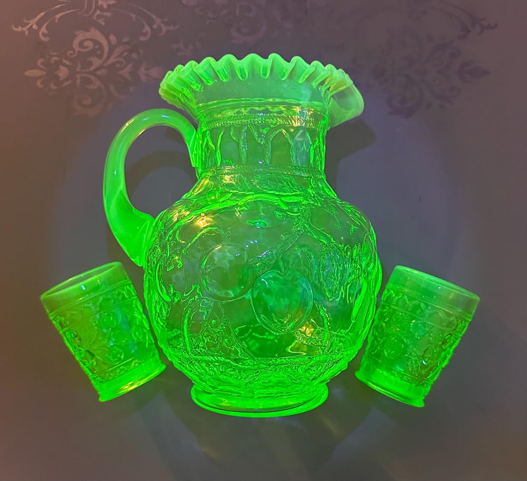 Uranium Glass Pitcher and Tumblers, Fenton Uranium Apple Tree, Vintage ...