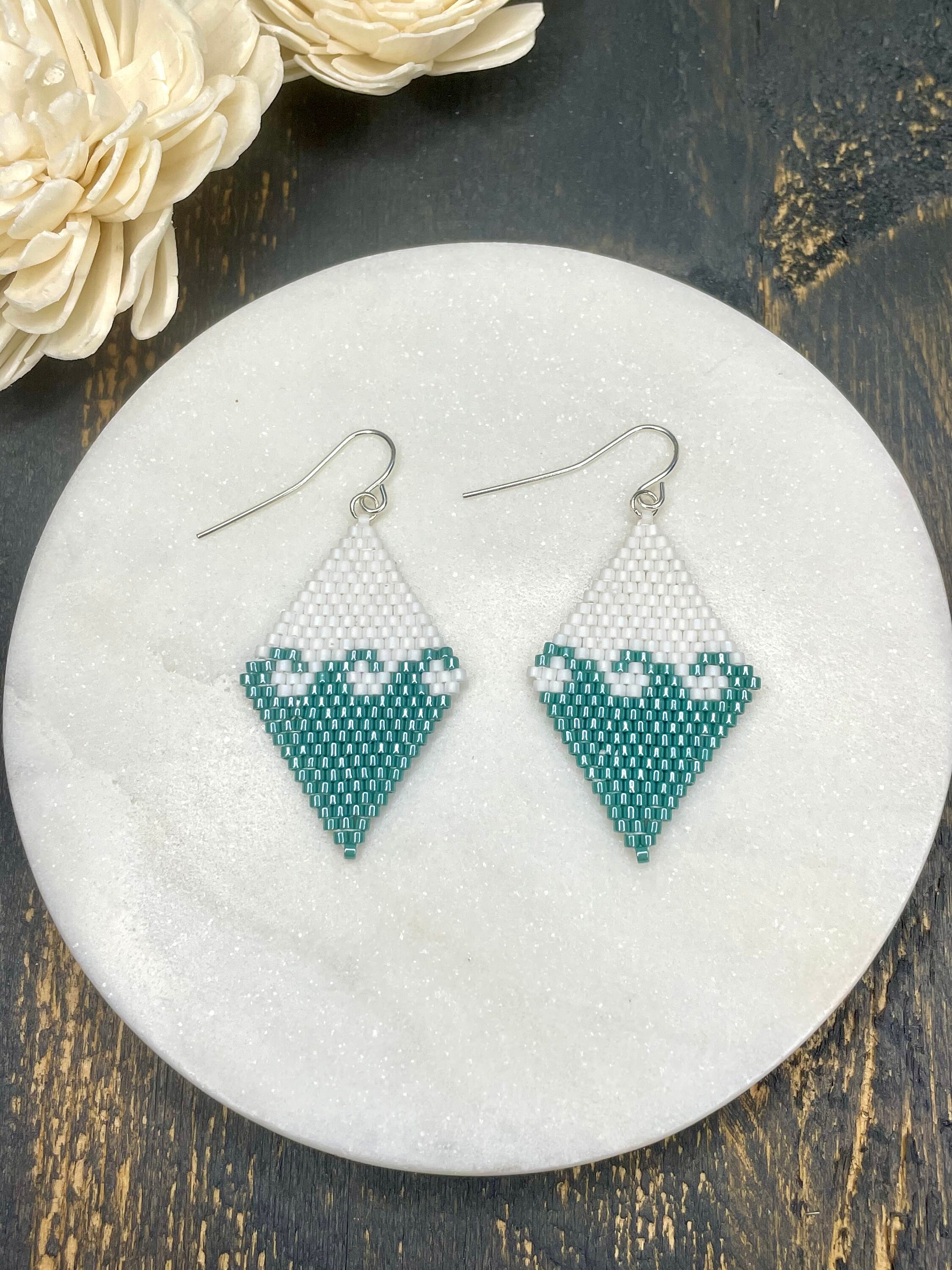 Handwoven Wave Teal and White Beaded Earrings, Summer Beach Earrings ...
