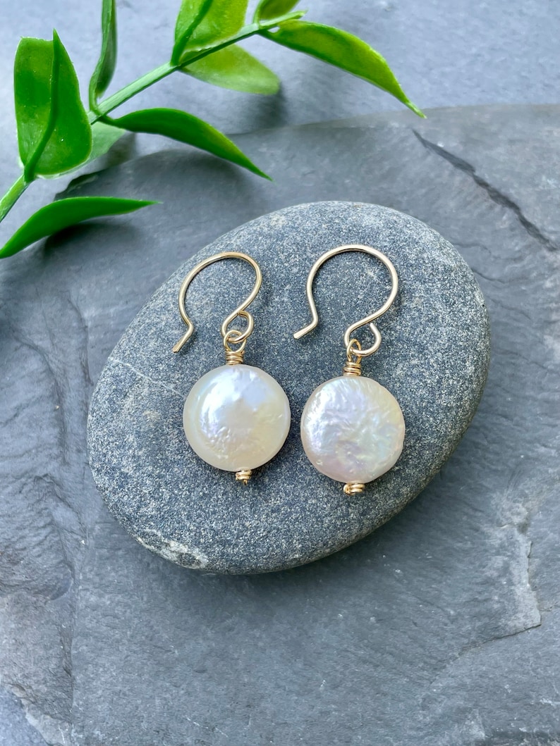 Freshwater Coin Pearl Earrings, Gold Filled, Coin Pearl Earrings, Pearl Bridal Earrings, Pearl ...