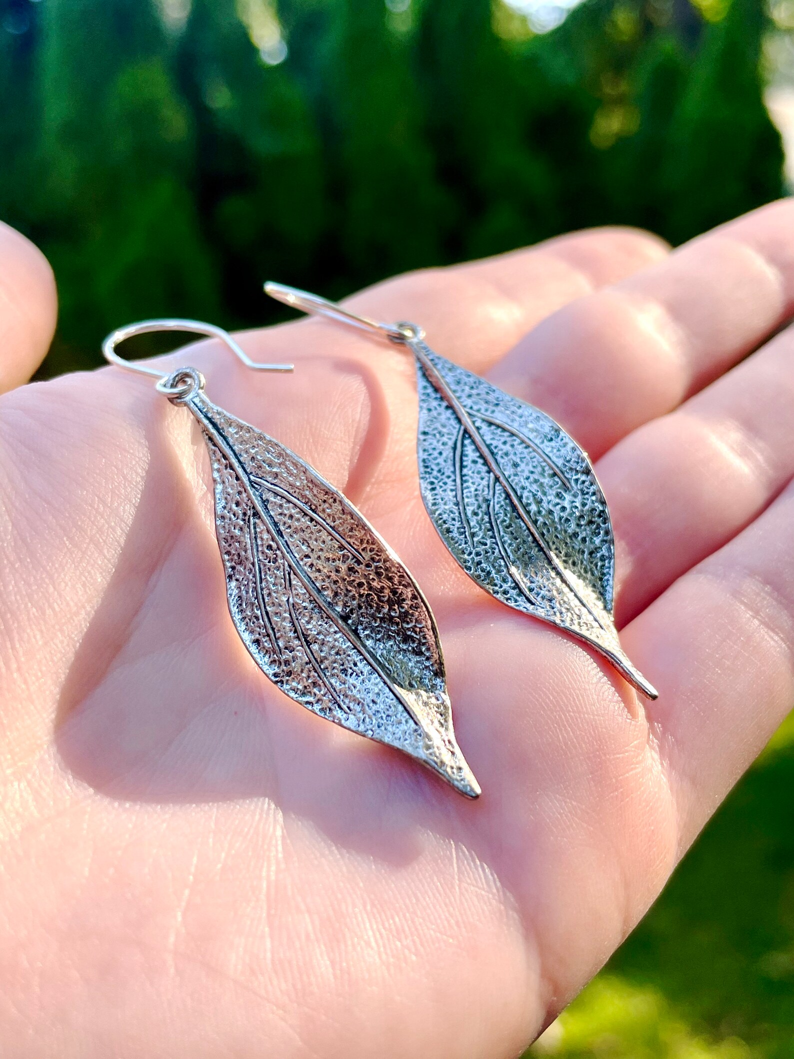 Silver Leaf Earrings, Long Leaf Earrings, Rustic Leaf Earrings ...