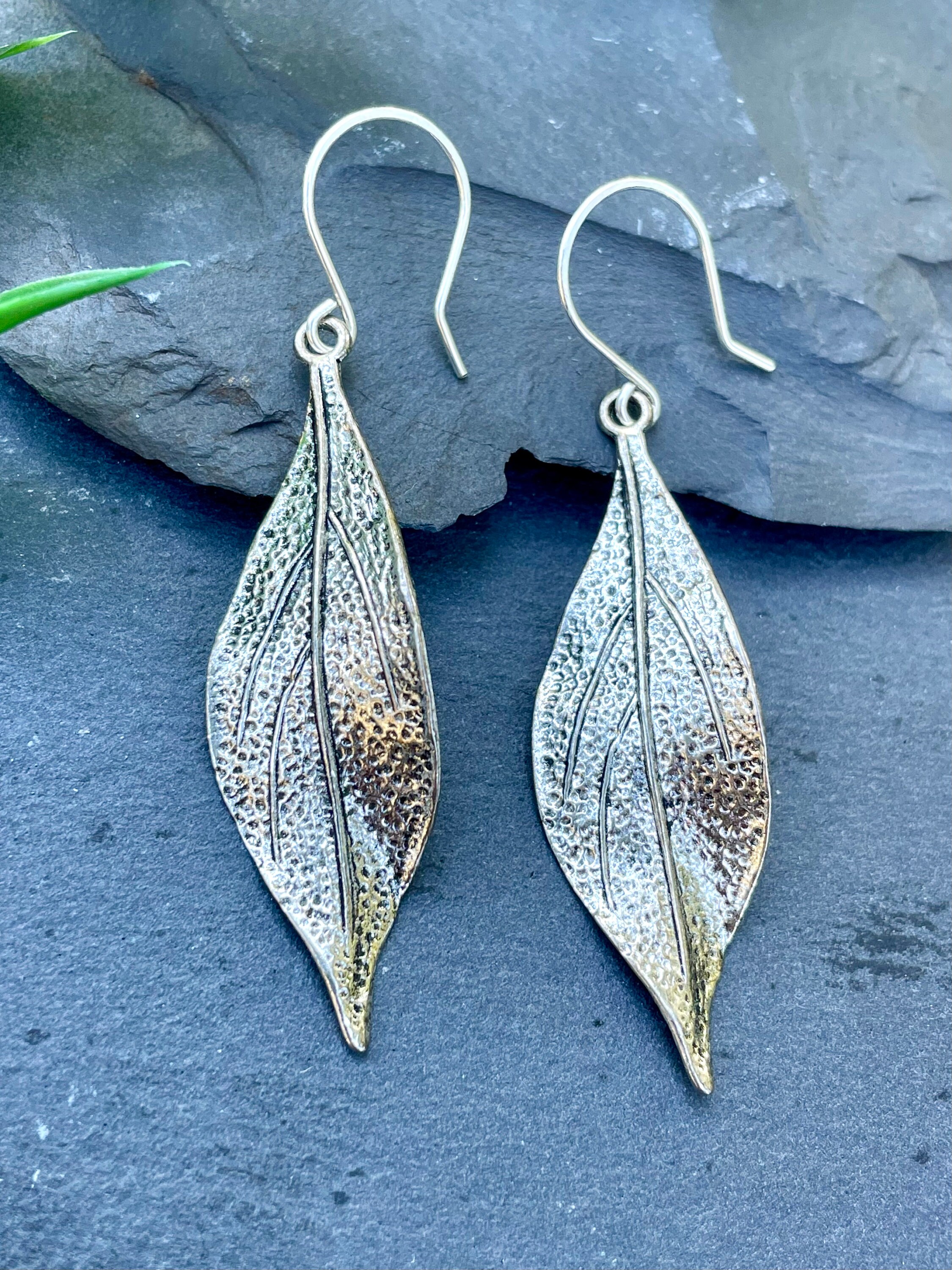 Silver Leaf Earrings, Long Leaf Earrings, Rustic Leaf Earrings ...