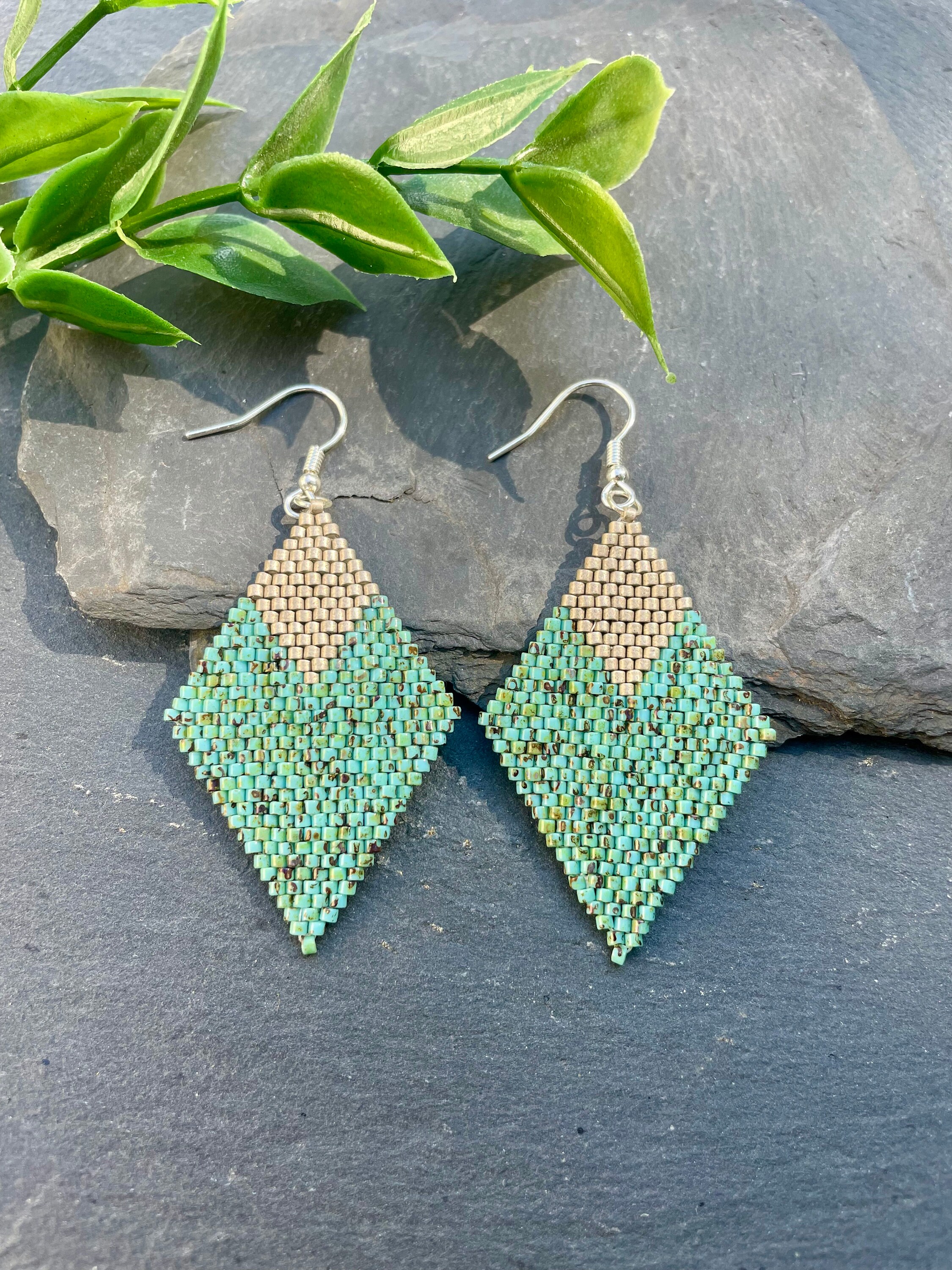 Turquoise & Silver Beaded Earrings Handwoven Beaded Earrings - Etsy