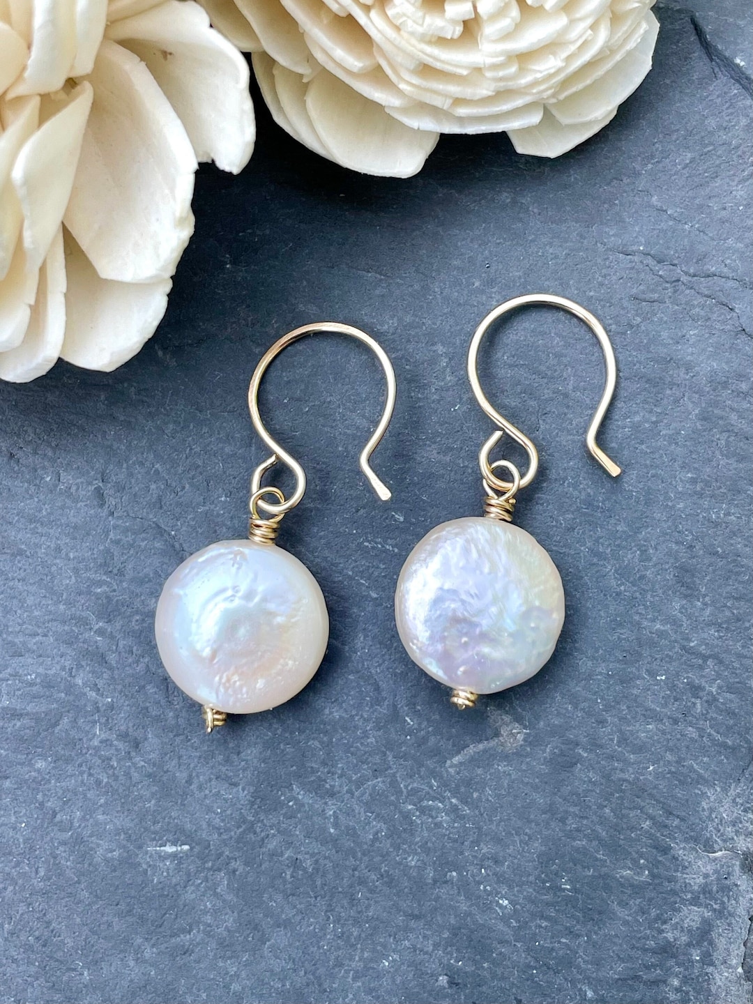 Freshwater Coin Pearl Earrings, Gold Filled, Coin Pearl Earrings, Pearl Bridal Earrings, Pearl ...