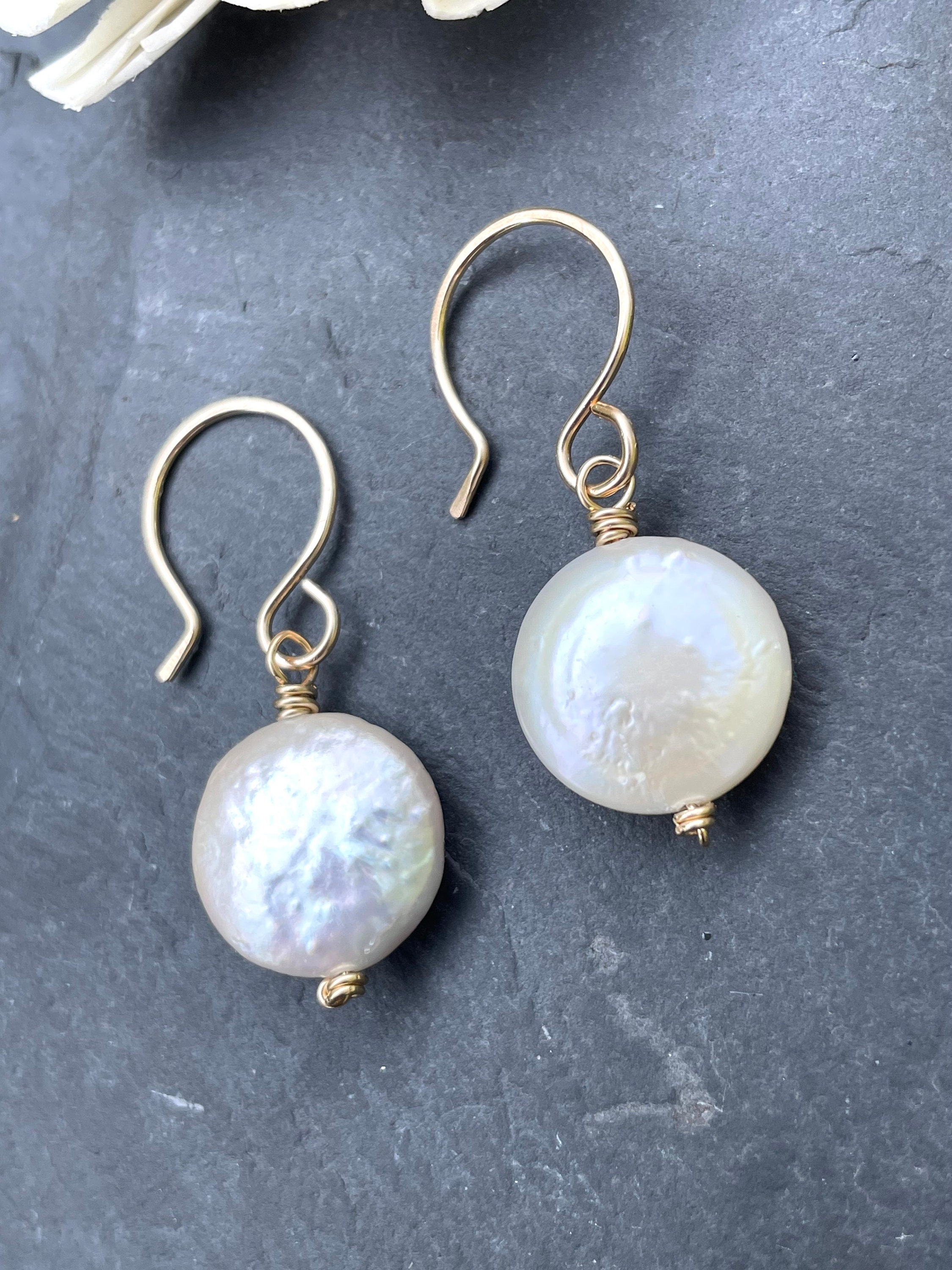 Freshwater Coin Pearl Earrings, Gold Filled, Coin Pearl Earrings, Pearl Bridal Earrings, Pearl ...