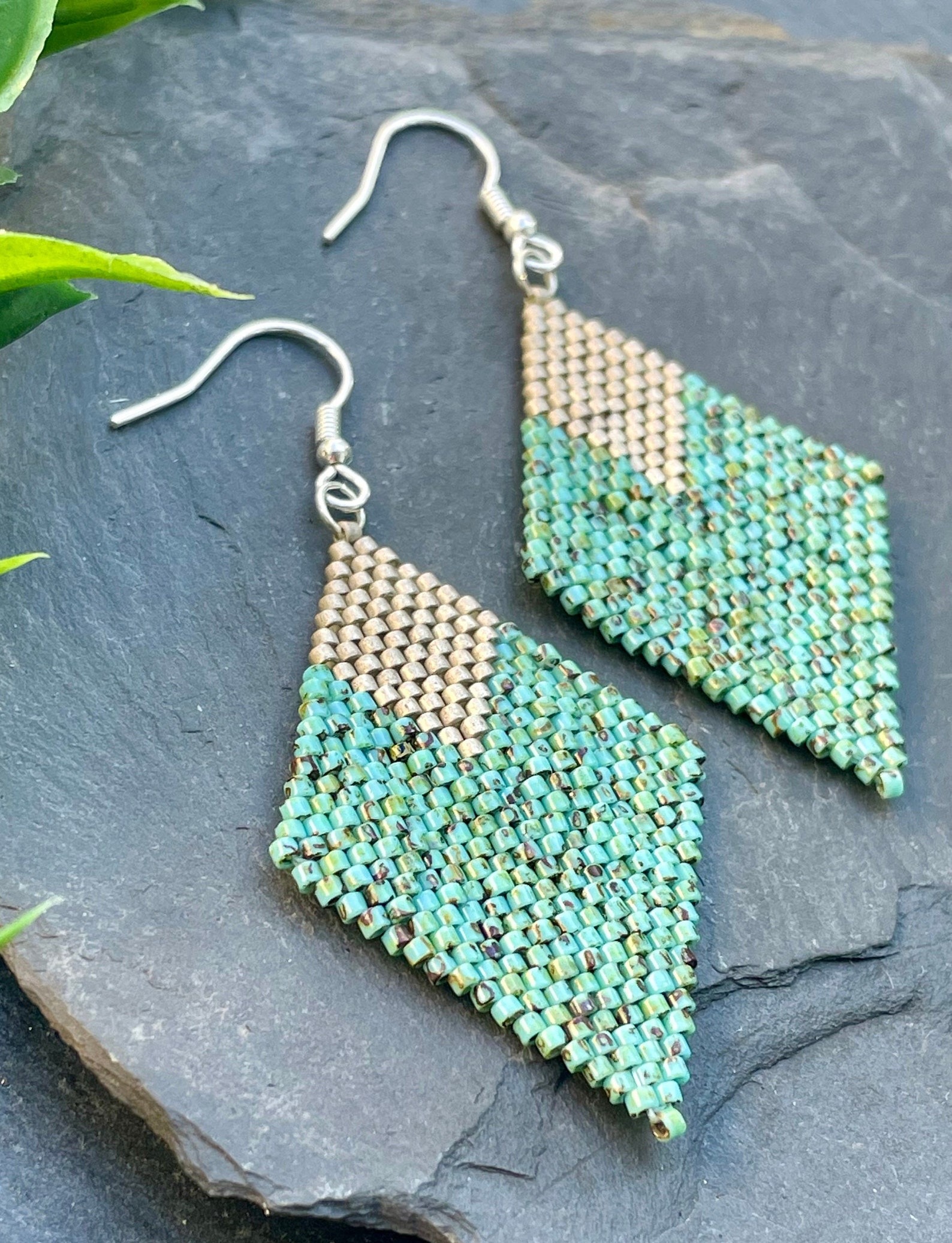 Turquoise & Silver Beaded Earrings Handwoven Beaded Earrings - Etsy