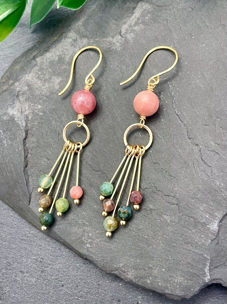 Sunstone & Jasper Dangle Earrings, Gemstone Dangle Earrings, Multicolor Gemstone Earrings ...
