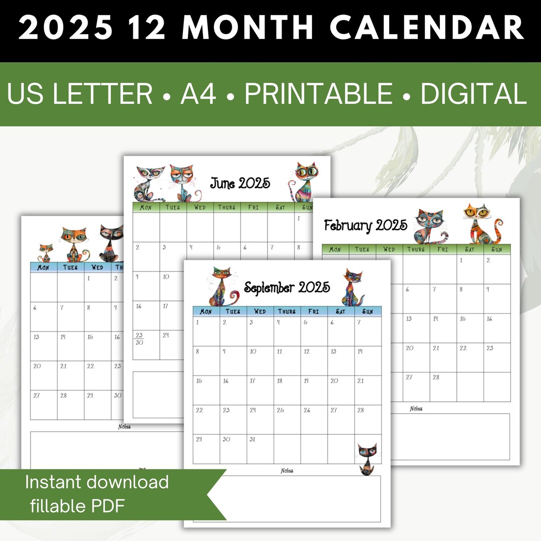 Editable Printable Monthly Calendar, Cat Calendar, Portrait 12 Month ...