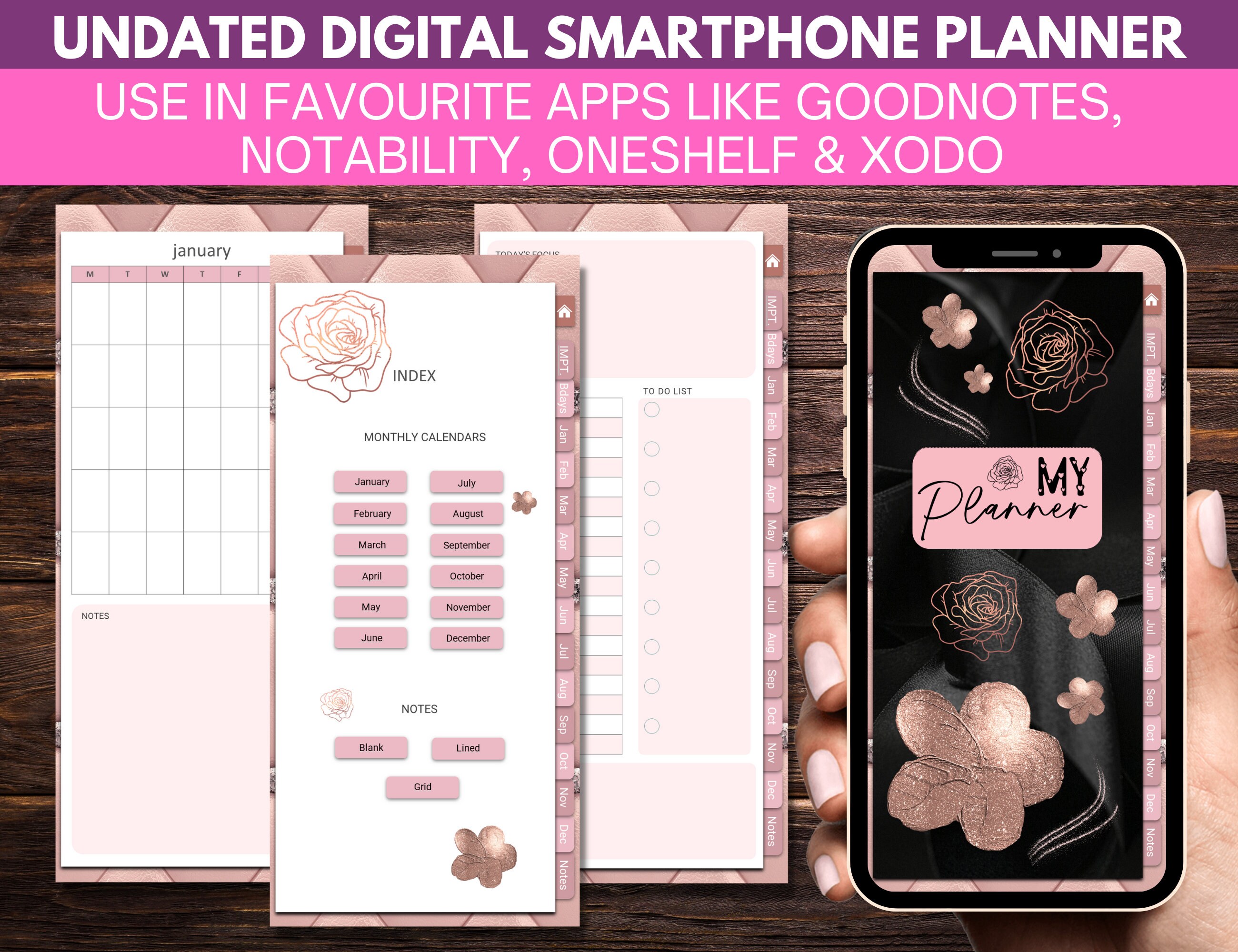 Undated Cell Phone Digital Planner Rose Gold Digital Planner - Etsy