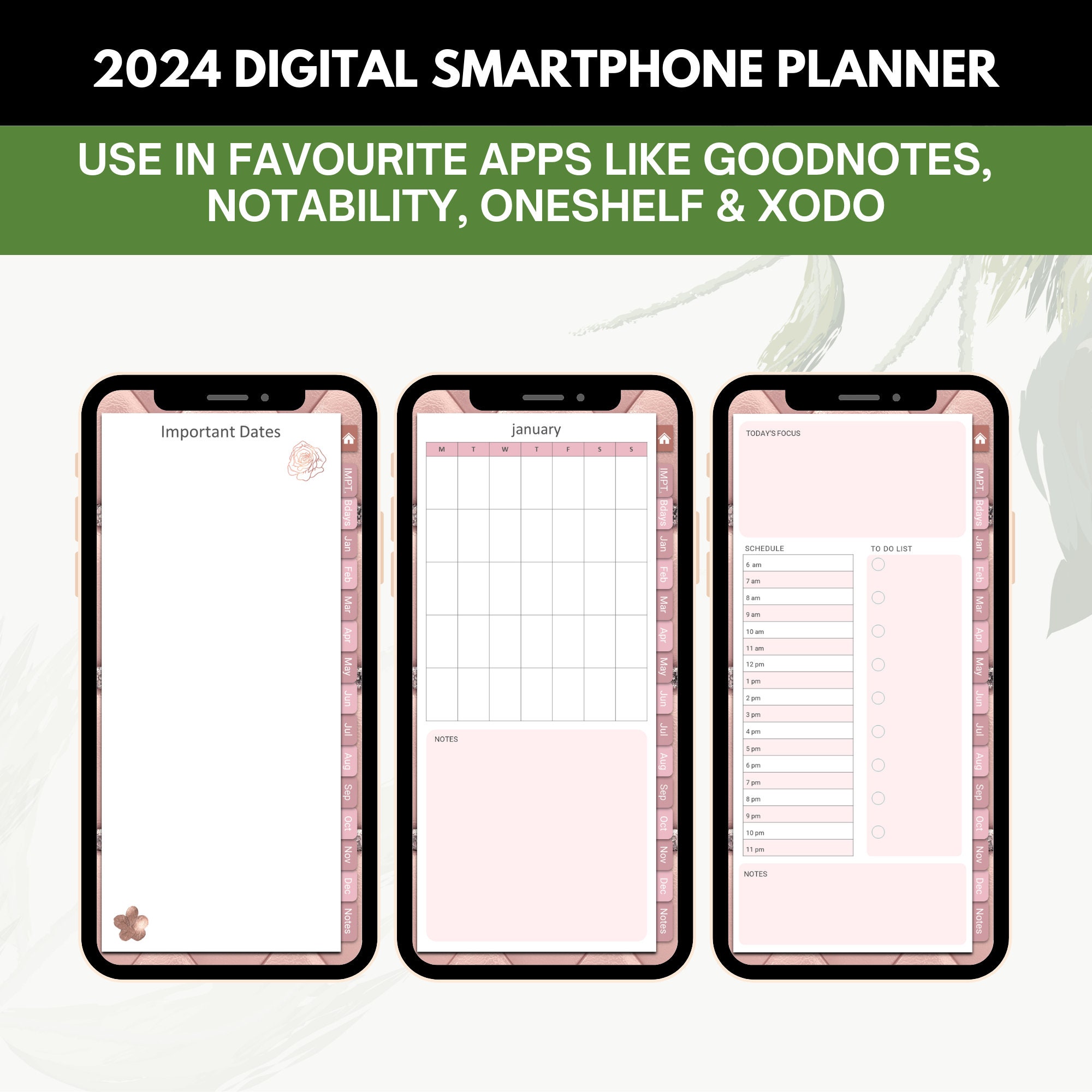 Undated Cell Phone Digital Planner, Rose Gold Digital Planner, Digital ...