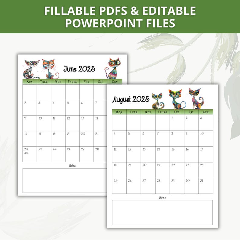 Editable Printable Monthly Calendar, Cat Calendar, Portrait 12 Month ...