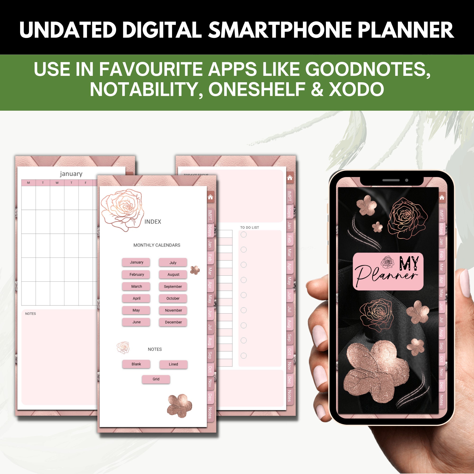Undated Cell Phone Digital Planner, Rose Gold Digital Planner, Digital ...