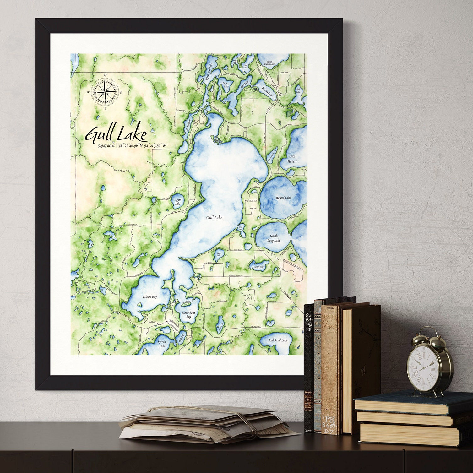Gull Lake, Minnesota| Fine Art Prints of Hand-painted Watercolor Map ...