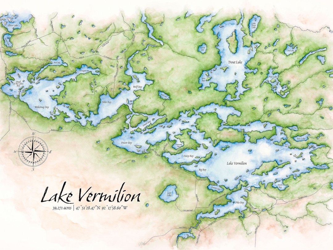 Lake Vermilion, Minnesota, Boundary Waters Hand-painted Watercolor Map ...