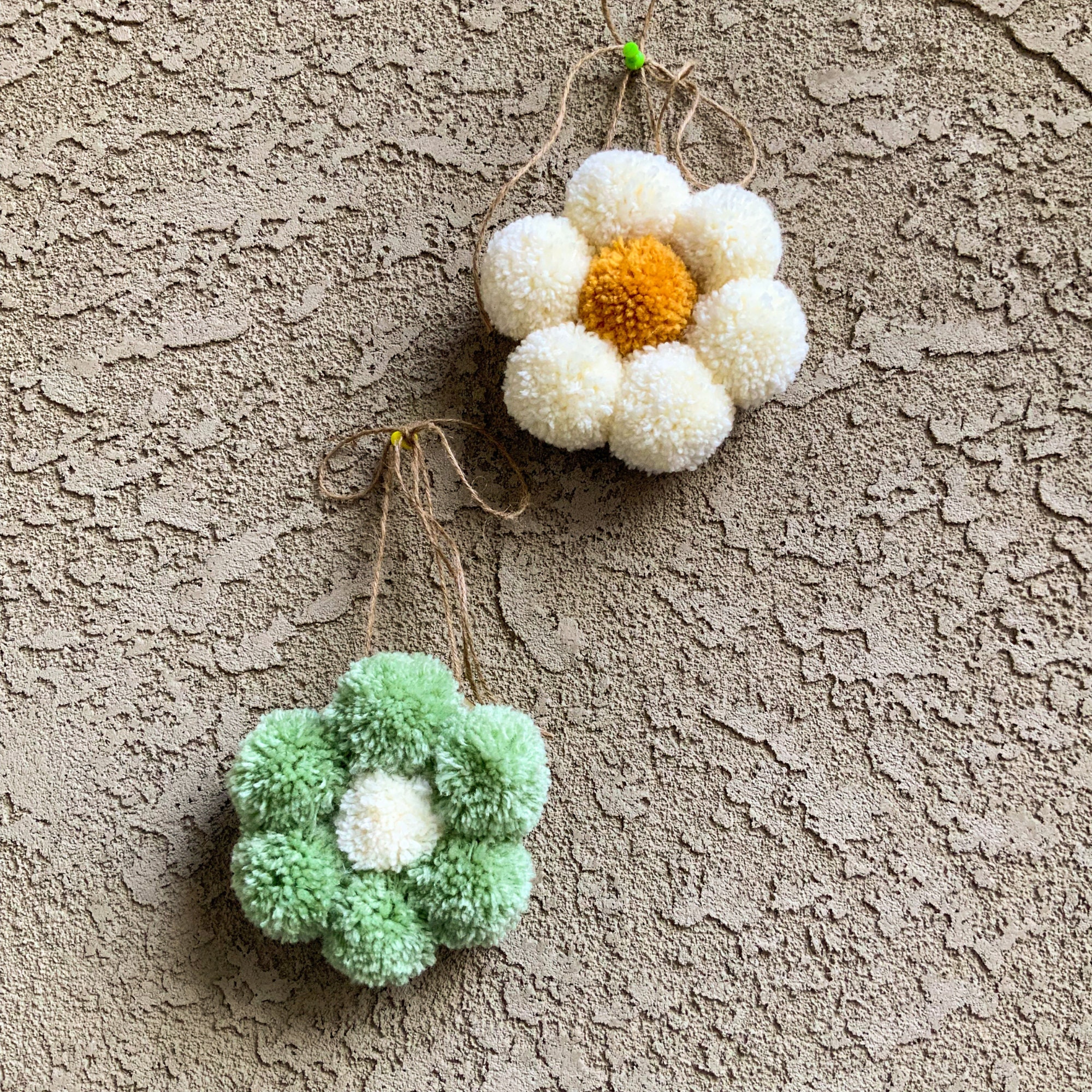 Flower Power Pom Pom Wall Hanging, Rear View Mirror Hanging, Custom Pom ...