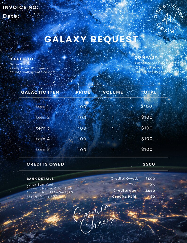 Galaxy Request Invoice, Space Themed Invoice, Canva Pro Template ...