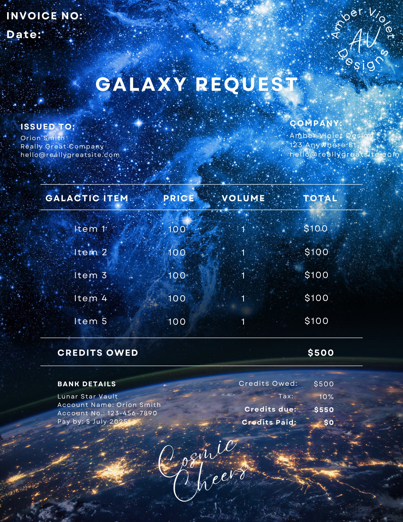 Galaxy Request Invoice, Space Themed Invoice, Canva Pro Template ...