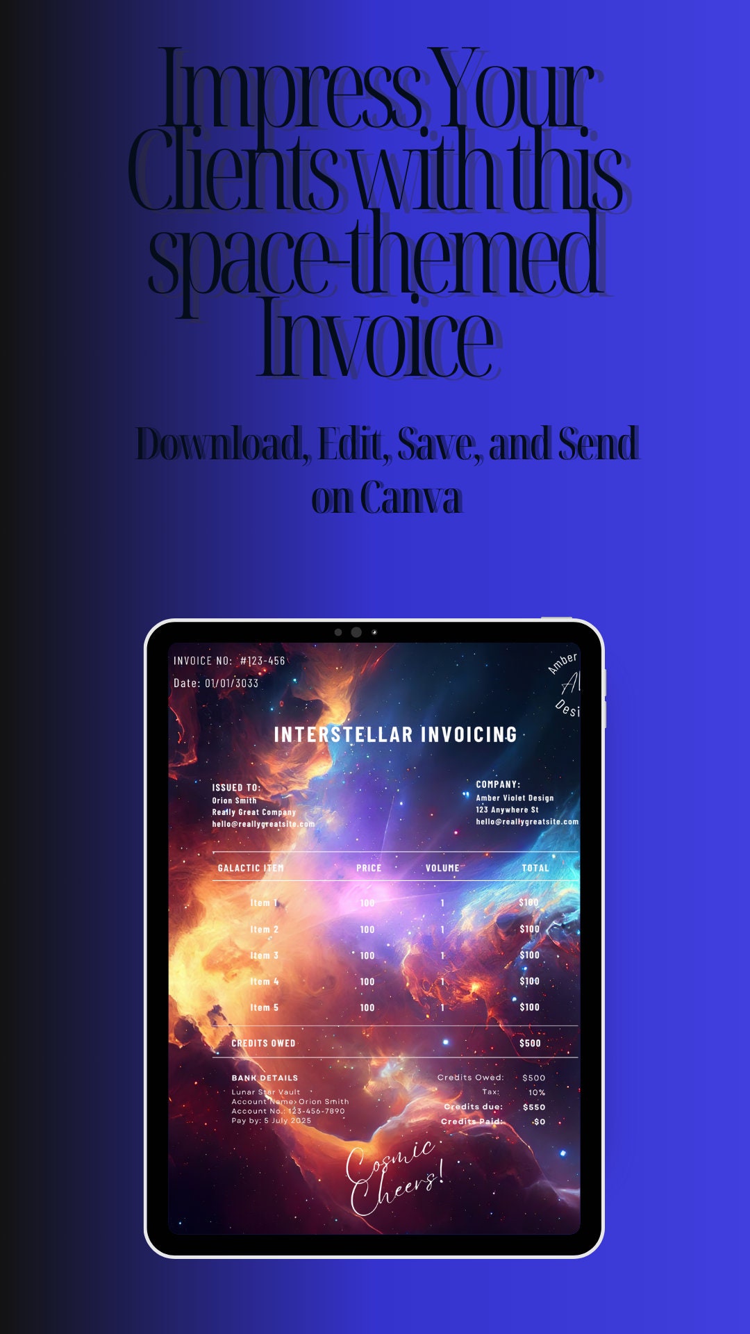 Spaced Themed Invoice, Space Themed Invoice, Canva Pro Template, Galaxy ...