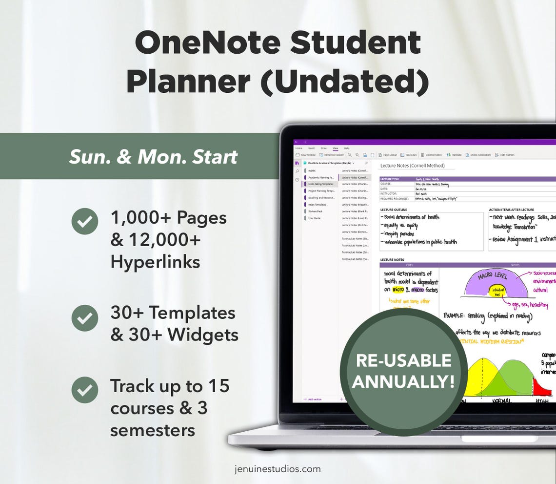 Onenote Student Digital Planner Undated (SUN + MON Start), Academic ...