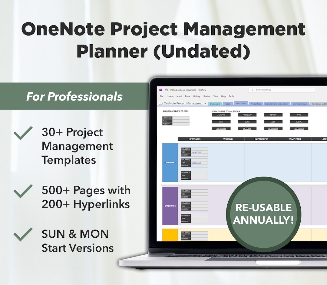 Project Management Onenote Digital Planner undated SUNMON Start ...