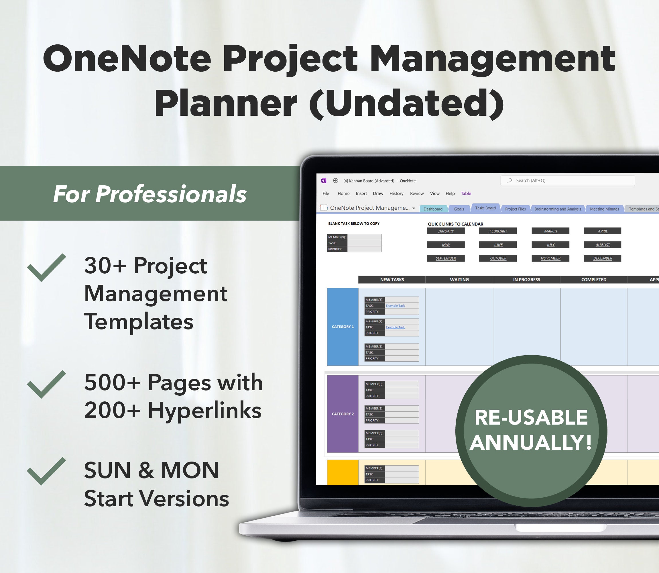 Project Management Onenote Digital Planner undated SUNMON Start ...