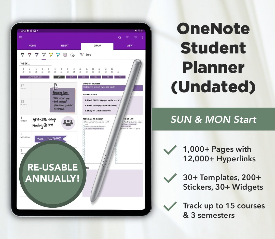 Onenote Student Digital Planner Undated SUN MON Start, Academic Planner ...