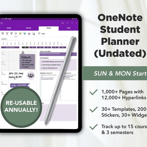 Onenote Student Digital Planner Undated SUN MON Start - Etsy