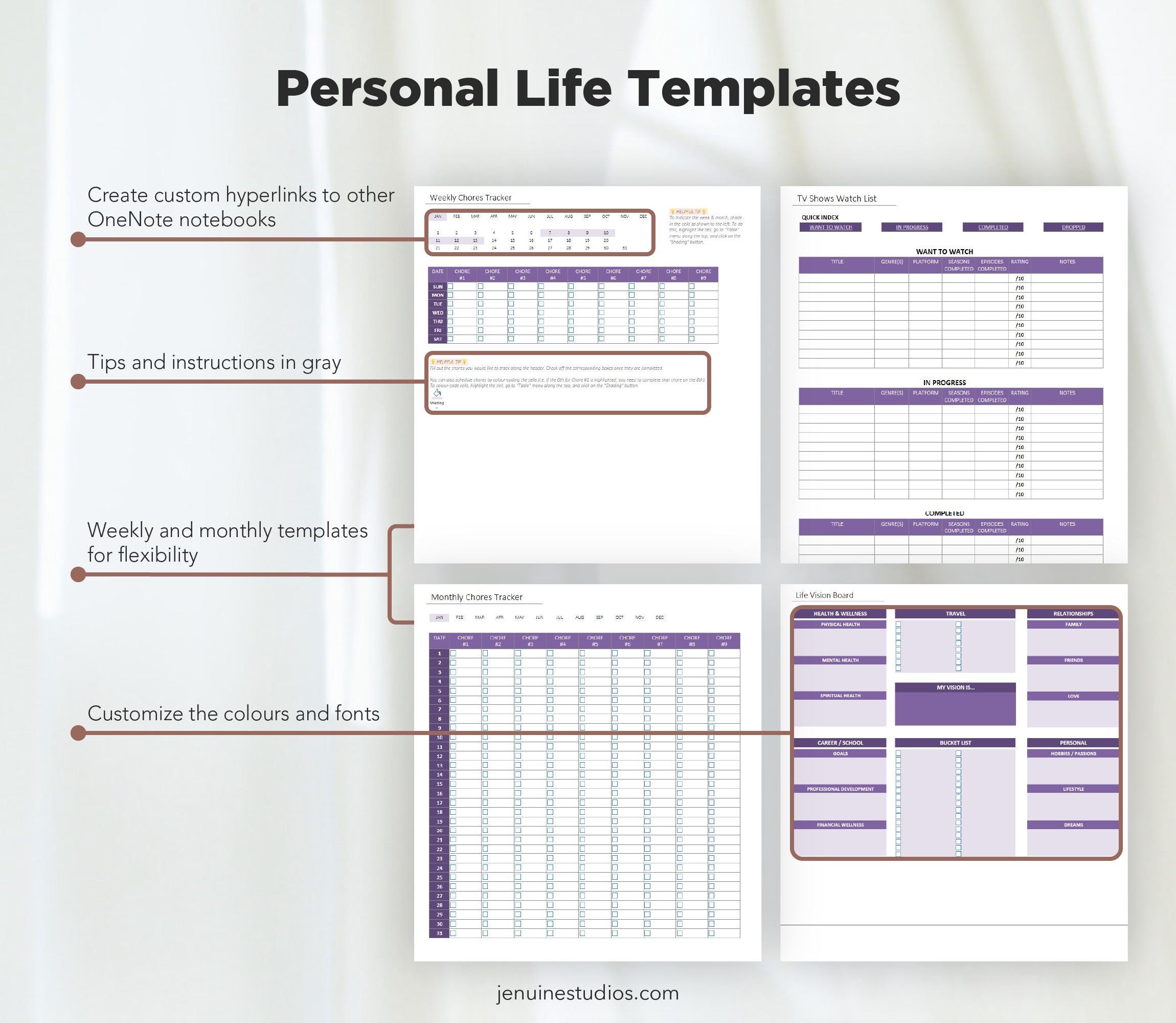 Productivity Planner & Life Planner Onenote Templates NEW COLORS, One ...
