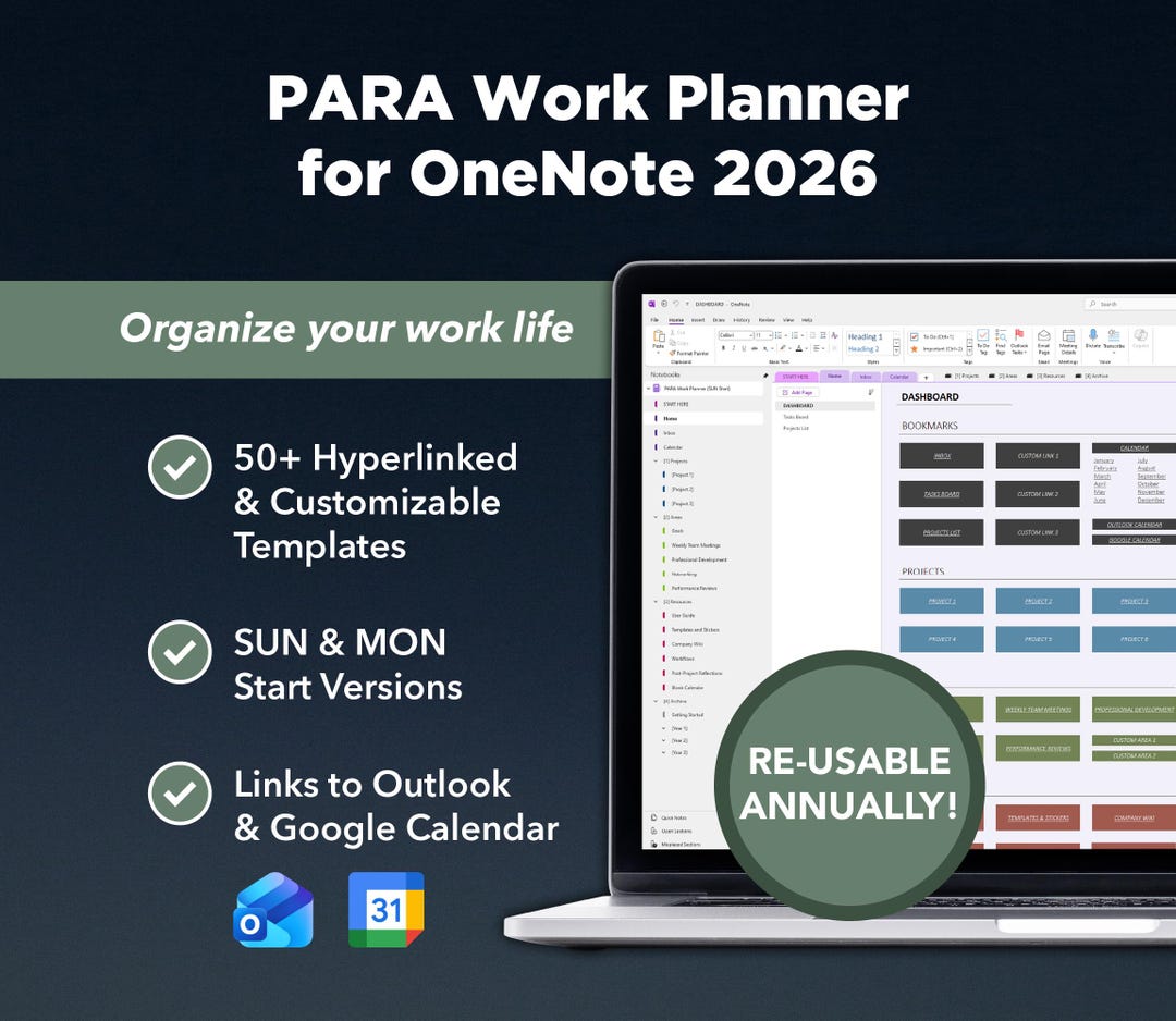 PARA Work Onenote Planner 2026 for Professionals | SUN/MON Start ...