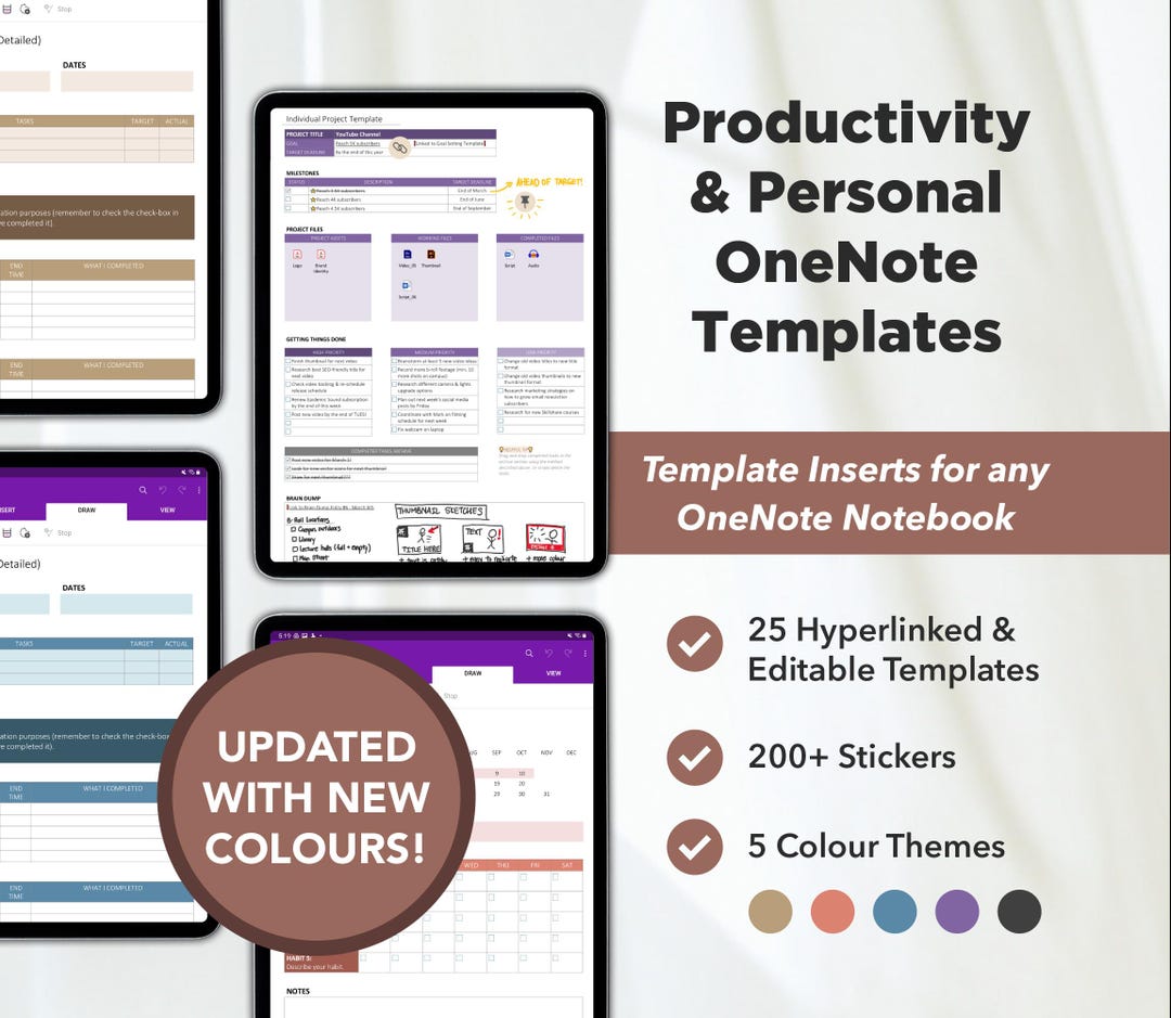 Productivity Planner & Life Planner Onenote Templates NEW COLORS, One ...